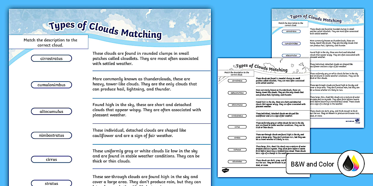 Types of Clouds Matching Worksheet for 3rd-5th Grade