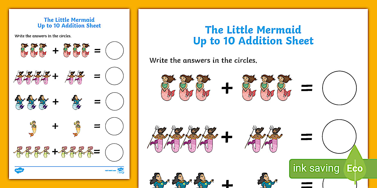 The Little Mermaid Up to 10 Addition Sheet (teacher made)
