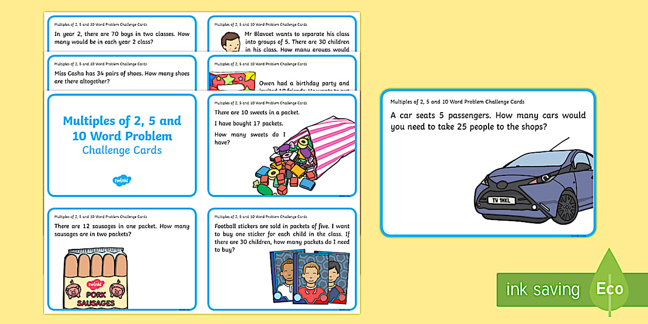 Multiples of 2, 5 and 10 Word Problem Challenge Cards