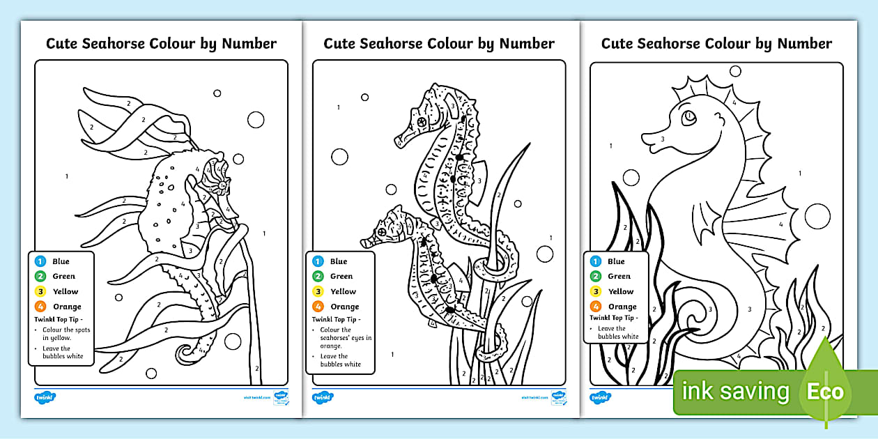 Cute Seahorse Colour by Number Pages (teacher made) - Twinkl