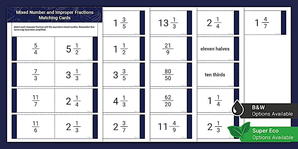 Mixed Number and Improper Fractions Matching Cards - Twinkl