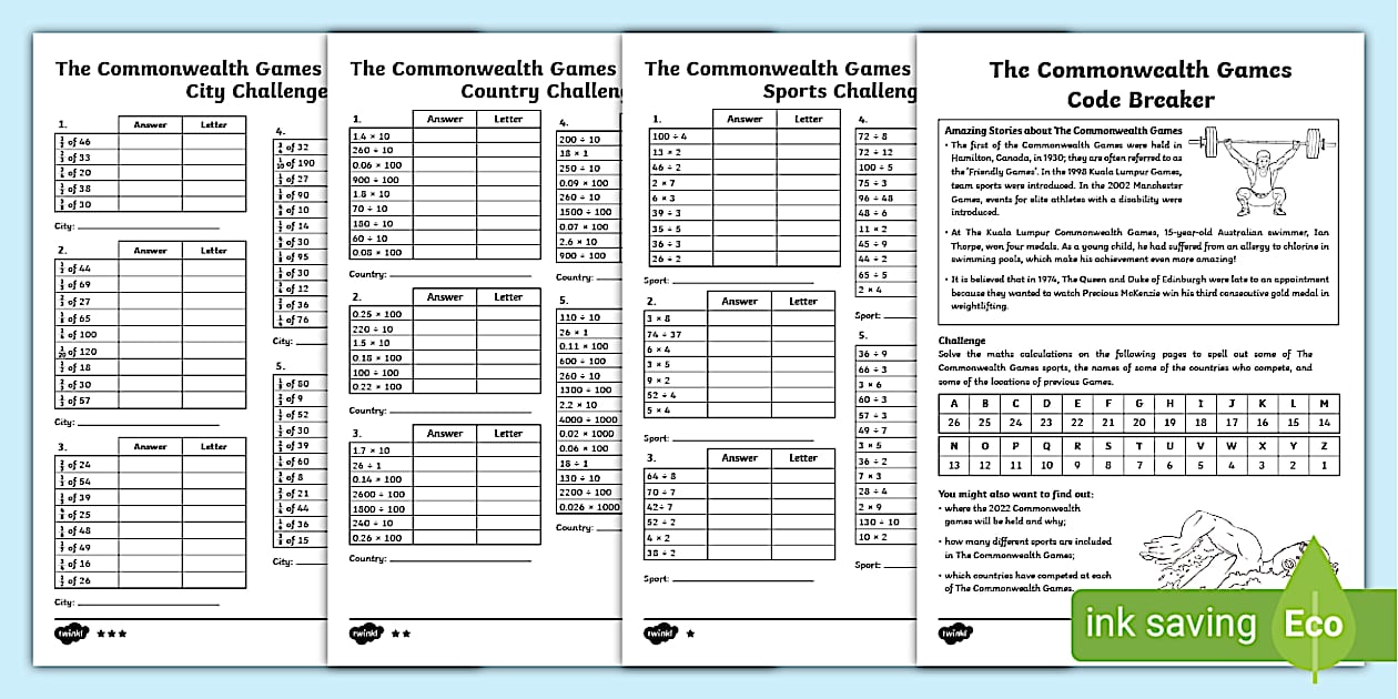 UKS2 The Commonwealth Games Code Breaker Differentiated Worksheets