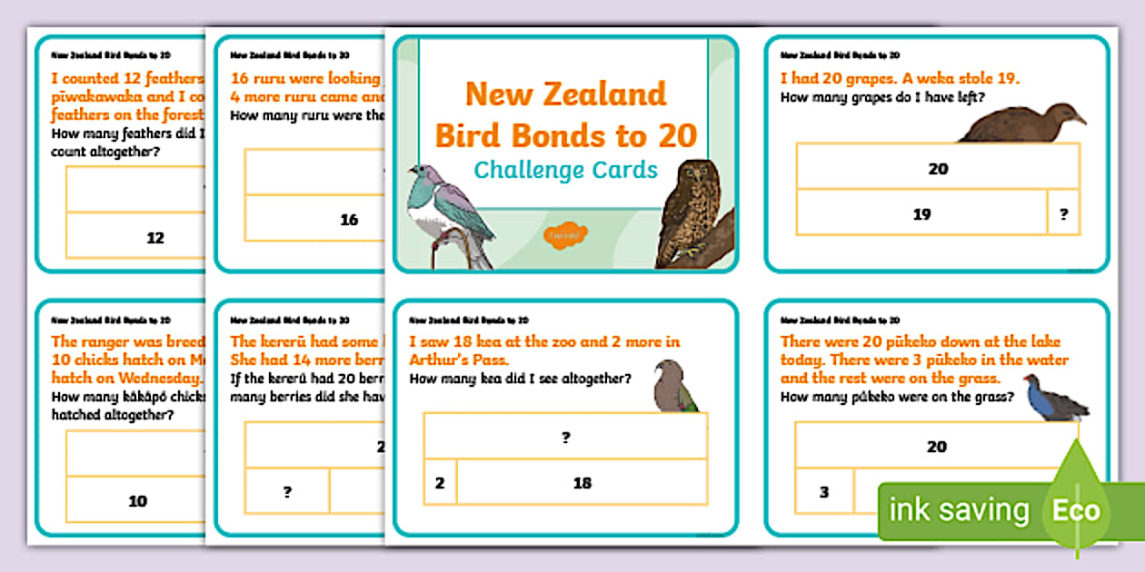 New Zealand Birds Bonds to 20 Challenge Cards (teacher made)