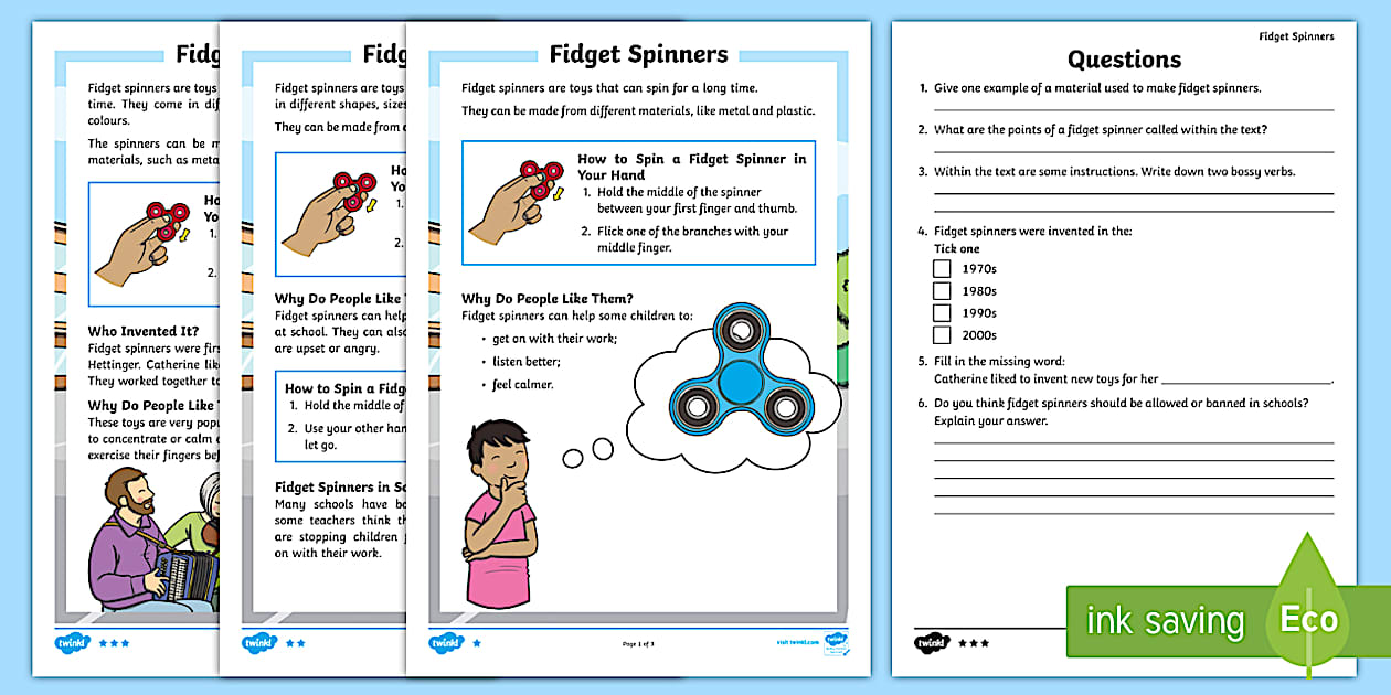 KS1 Fidget Spinners Differentiated Reading Comprehension Activity