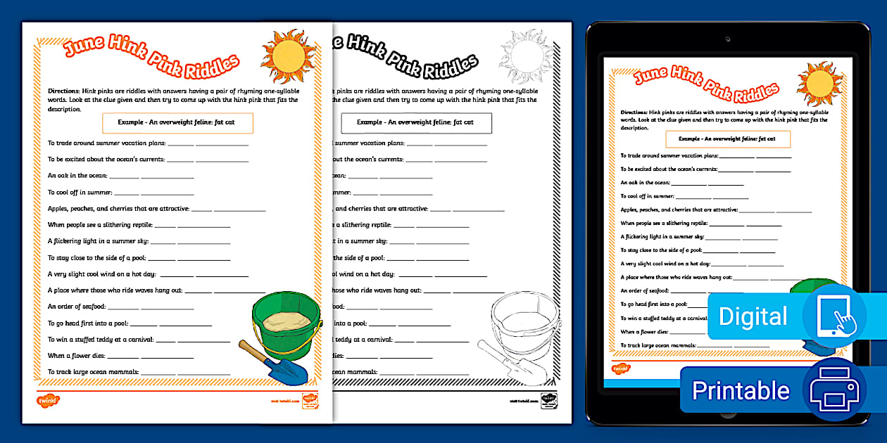 June Hink Pink Riddles Worksheet for 6th-8th Grade - Twinkl