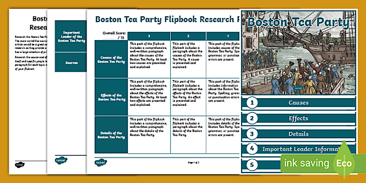 Boston Tea Party Flipbook Research Project and Rubric for 3rd-5th Grade