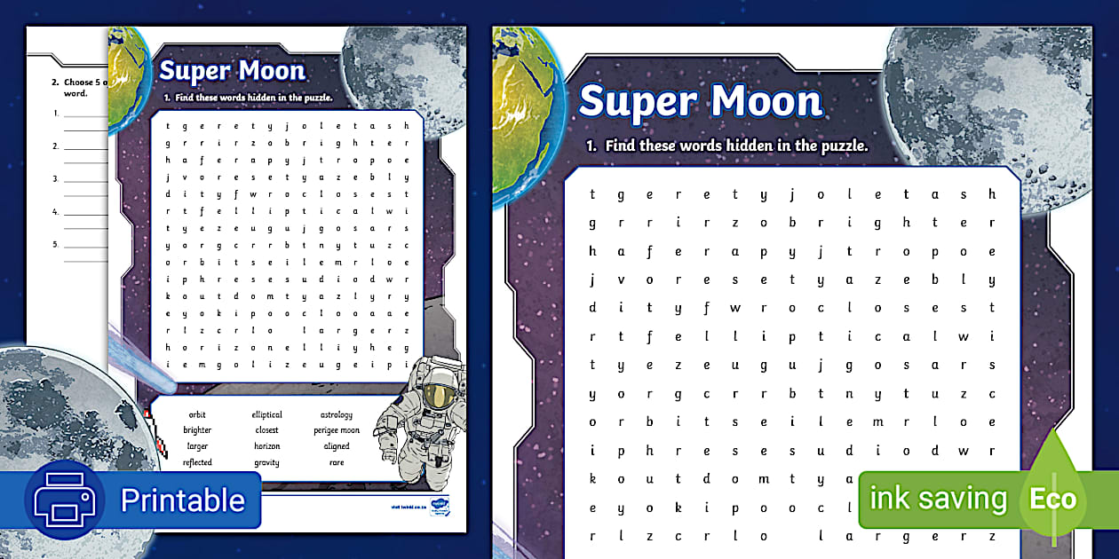 Super Moons - Wordsearch Plus (Lehrer gemacht) - Twinkl