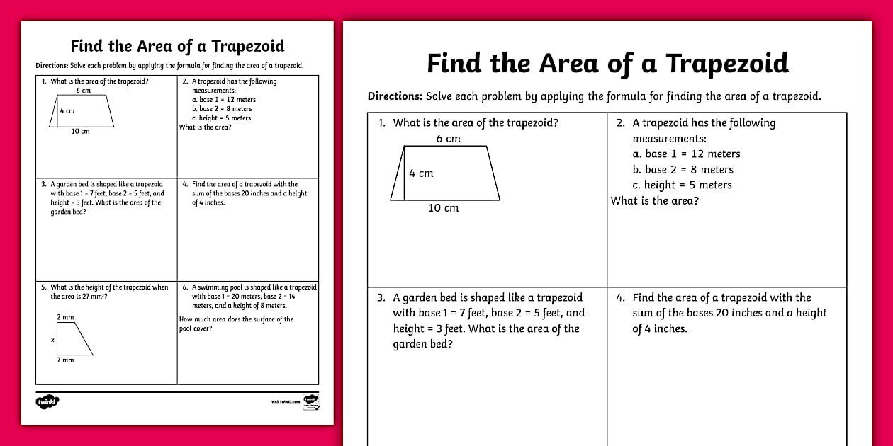 Seventh Grade Find the Area of a Trapezoid Homework - Twinkl