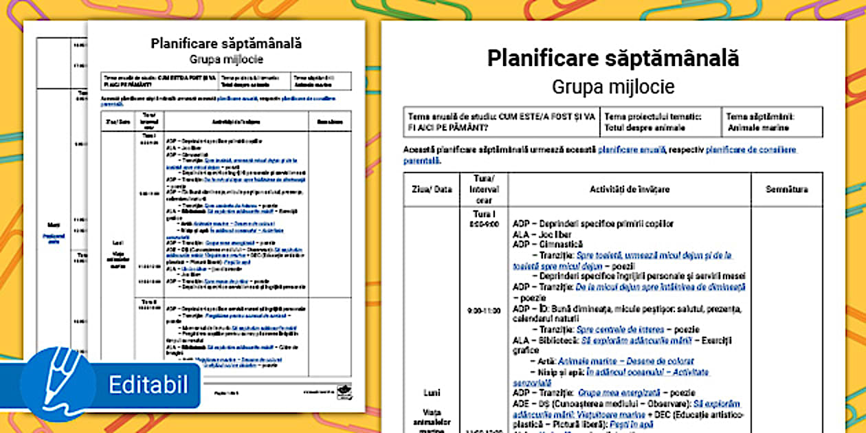 FREE! - Animale marine Model planificare săptămânală grupa mijlocie