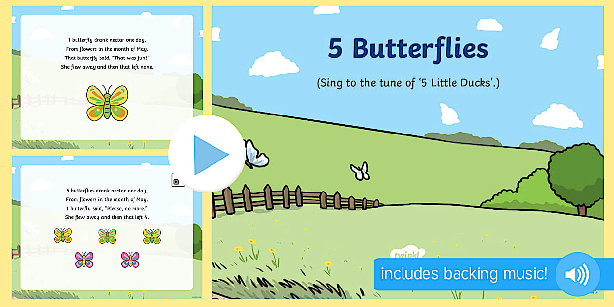 5 Butterflies Song PowerPoint (Teacher-Made) - Twinkl