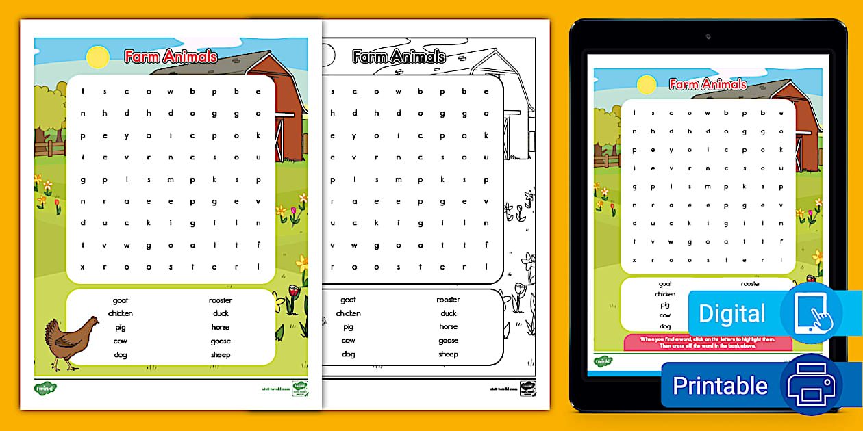 Farm Animal Word Search for K-2nd Grade - Twinkl