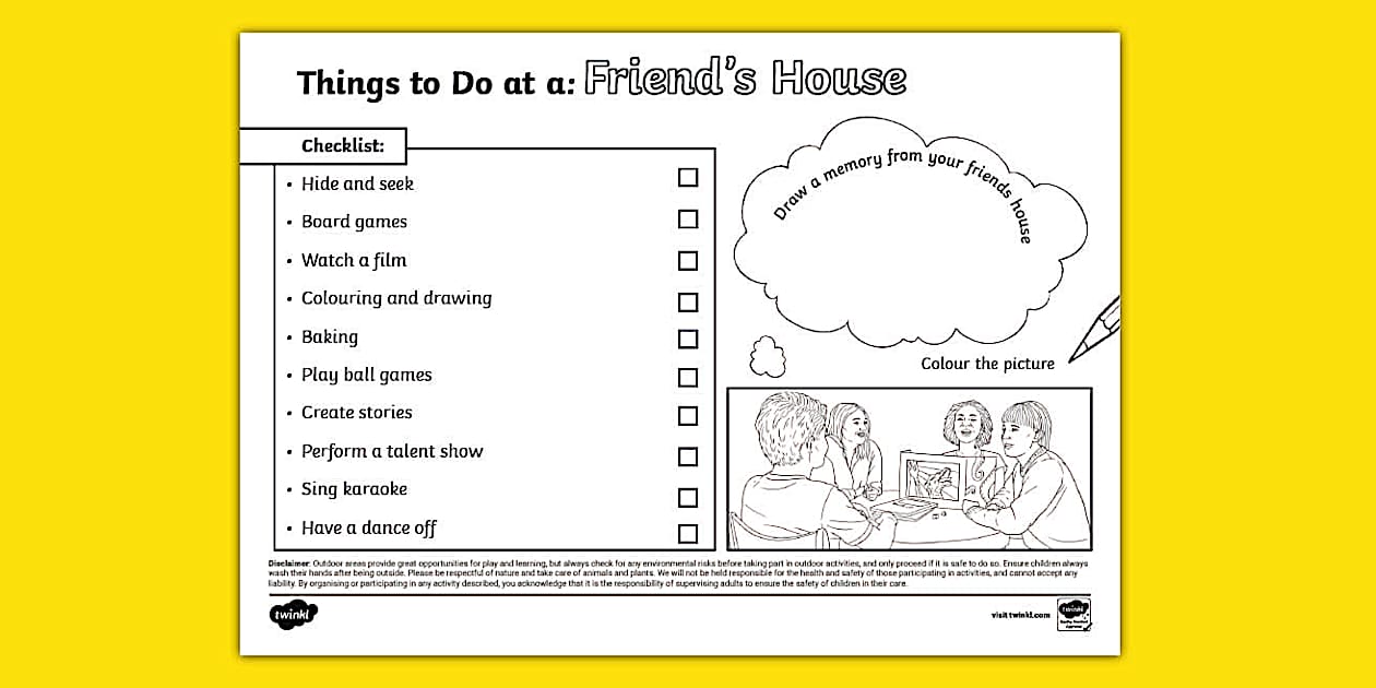 Things to Do at a Friend's House Checklist Activity