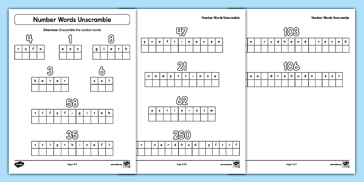 Second Grade Number Words Unscramble Worksheet - Twinkl