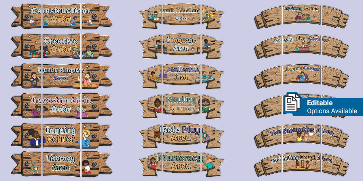 Classroom Areas Display Banner Pack - Natural wood theme