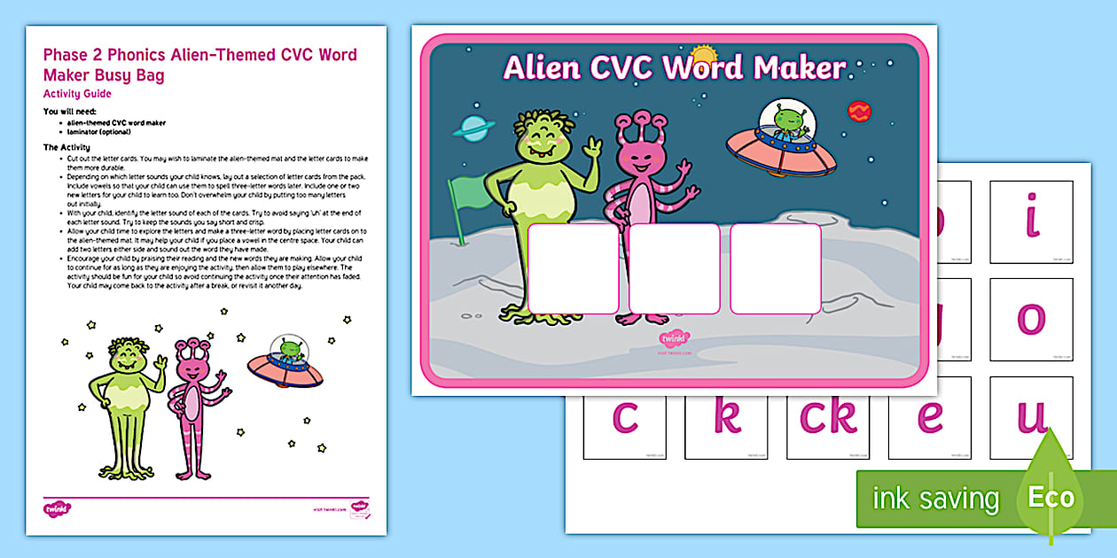 NSW Phase 2 Phonics Alien-Themed CVC Word Maker Busy Bag Resource Pack for