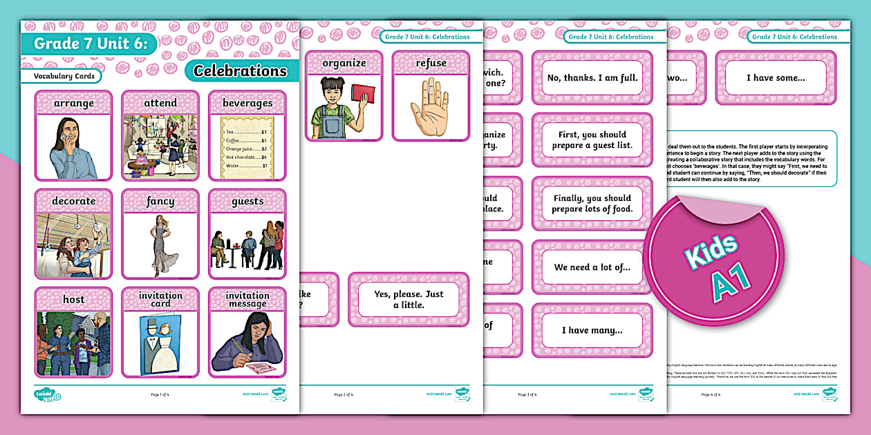 Grade 7 Unit 6 Flashcards - Celebrations (teacher made)