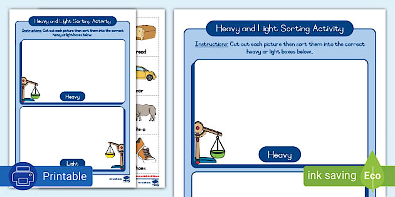 Grade R Mass Heavy and Light Sorting Worksheet - Twinkl