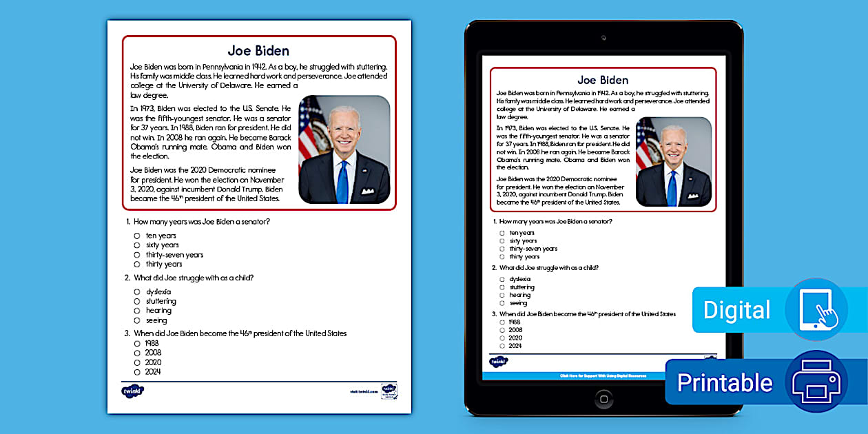 Second Grade Joe Biden Reading Comprehension | Twinkl USA