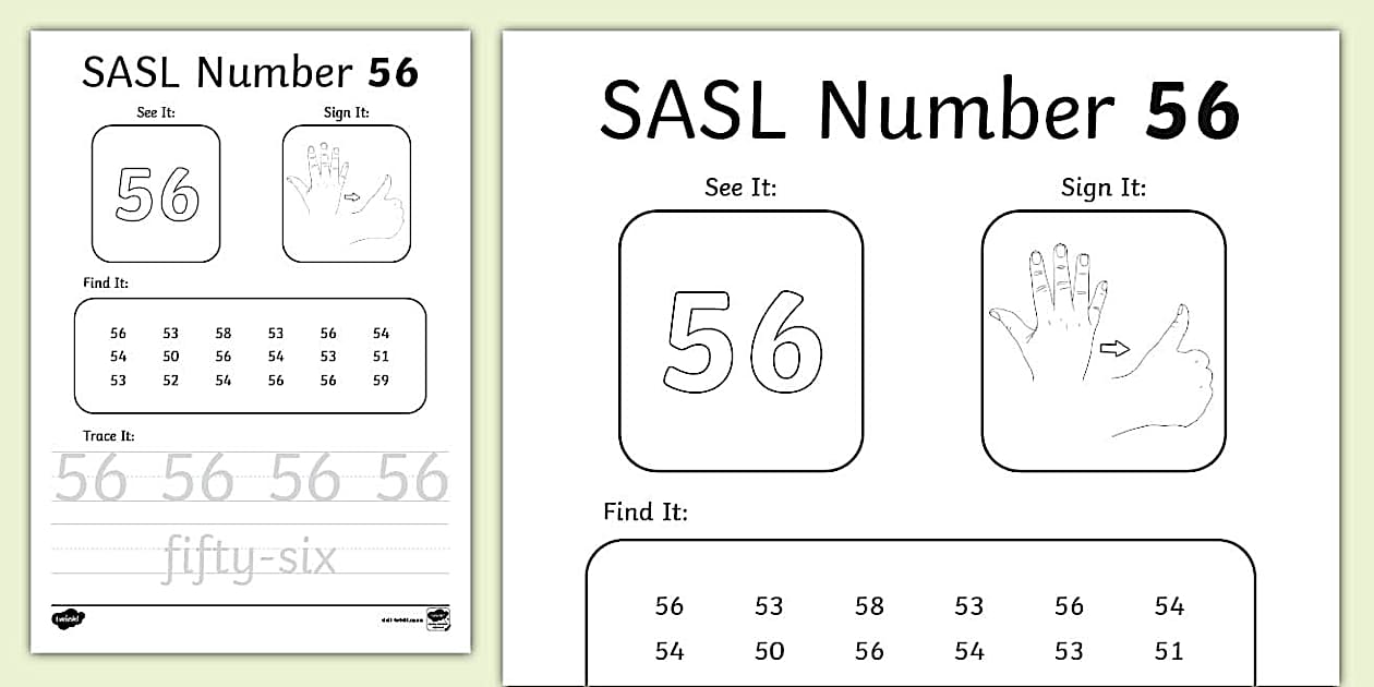 SASL Number 56 Activity Worksheet (Teacher-Made) - Twinkl
