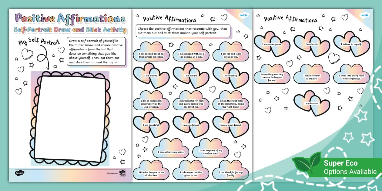 Positive Affirmations Self-Portrait Draw and Stick Activity