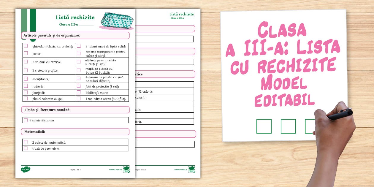 Clasa a III-a: Listă cu rechizite – Model editabil