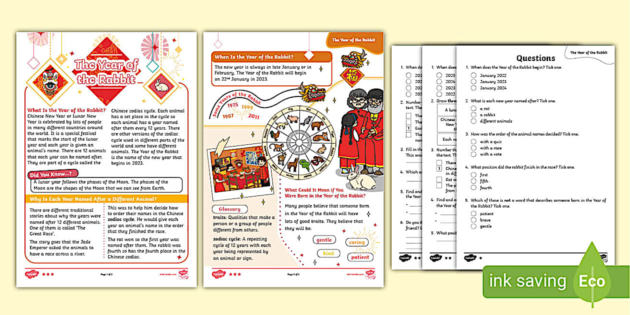 KS1 The Year of the Rabbit Differentiated Reading Comprehension Activity
