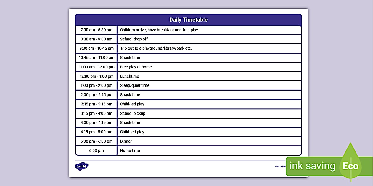 Childminder Daily Timetable - Twinkl