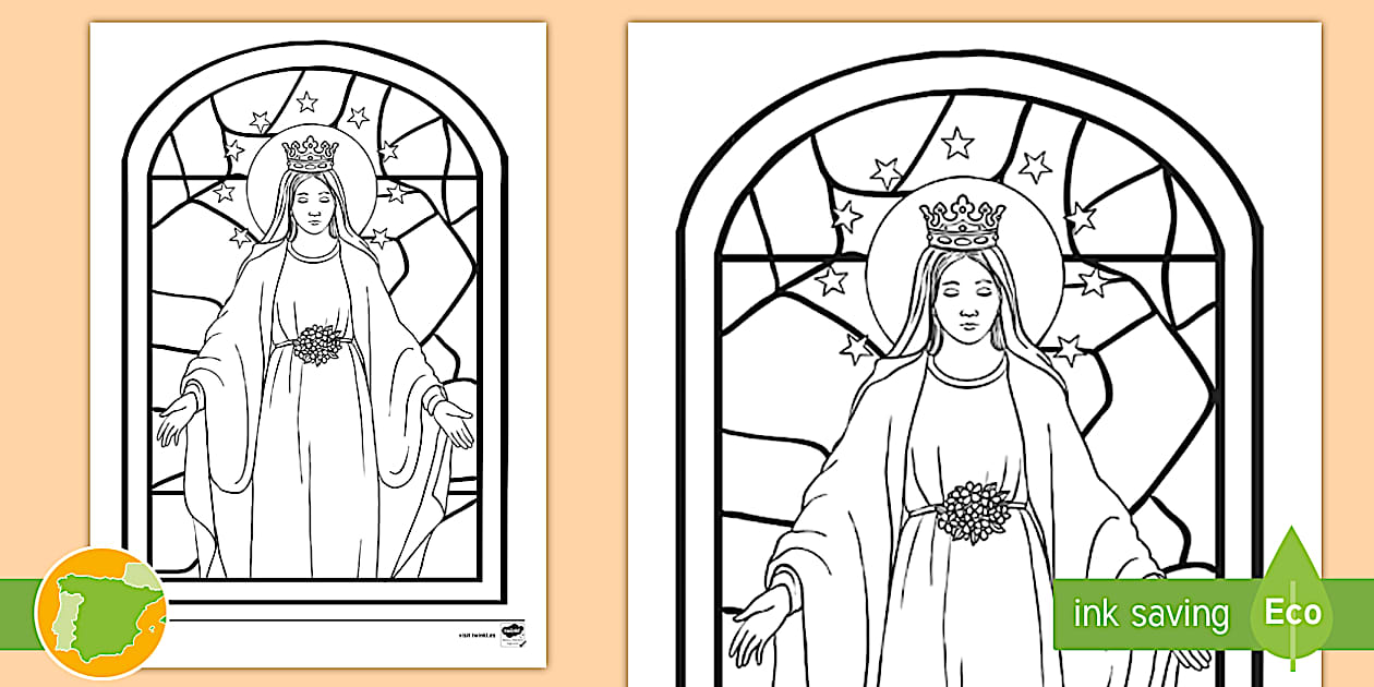 Hoja de colorear: Vidriera de la Virgen María - Twinkl