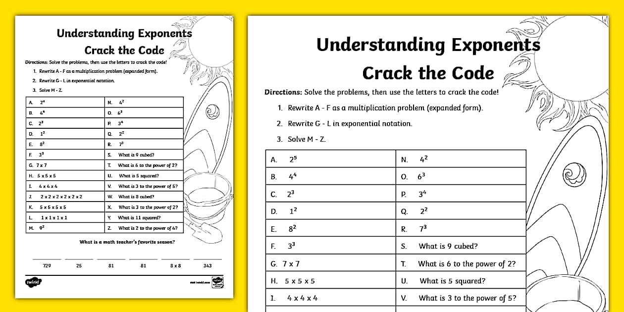Seventh Grade Understanding Exponents Summer Crack the Code