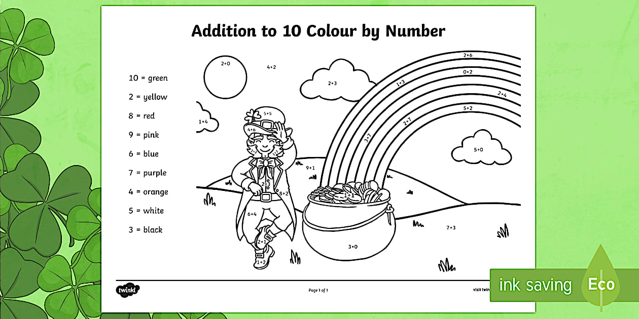 Addition to 10 Colour by Number Worksheet / Worksheet - ROI