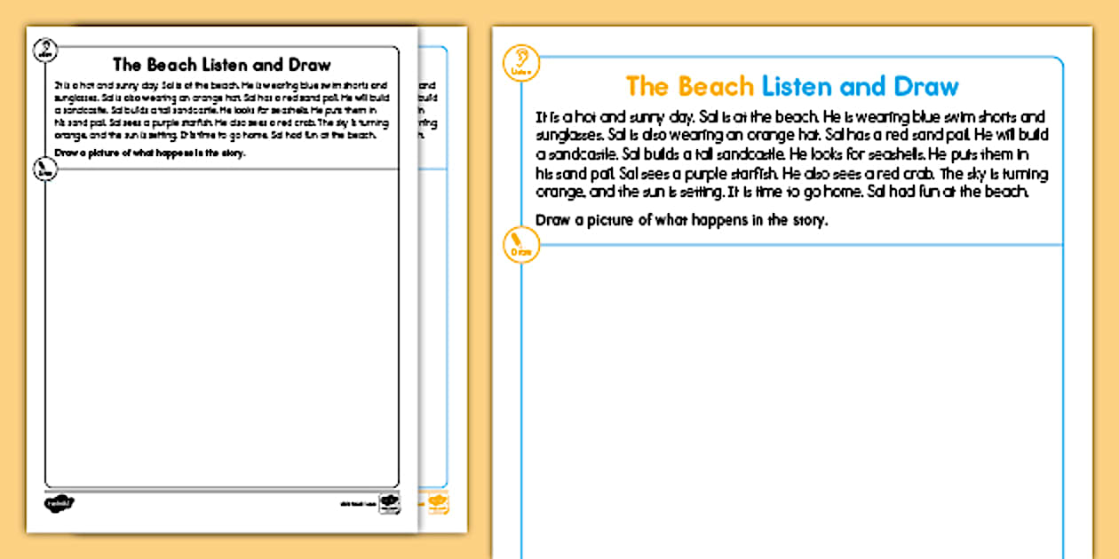 Beach Listen and Draw Worksheet for Kids | Twinkl USA
