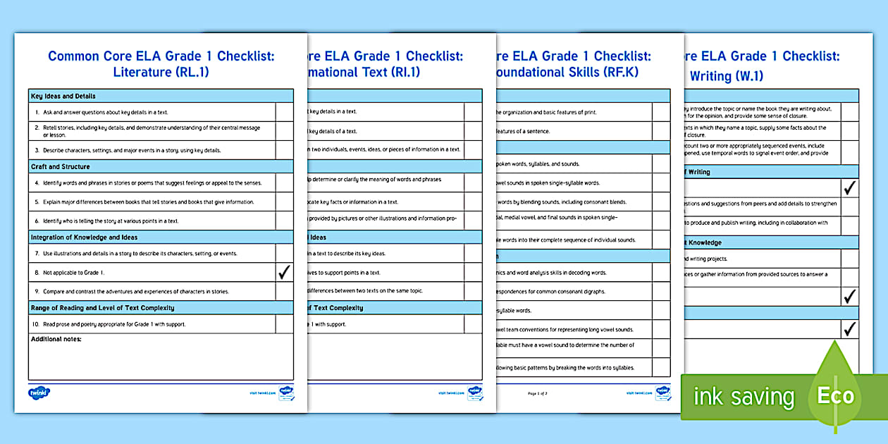 Common Core ELA First Grade Standards Checklist - Twinkl