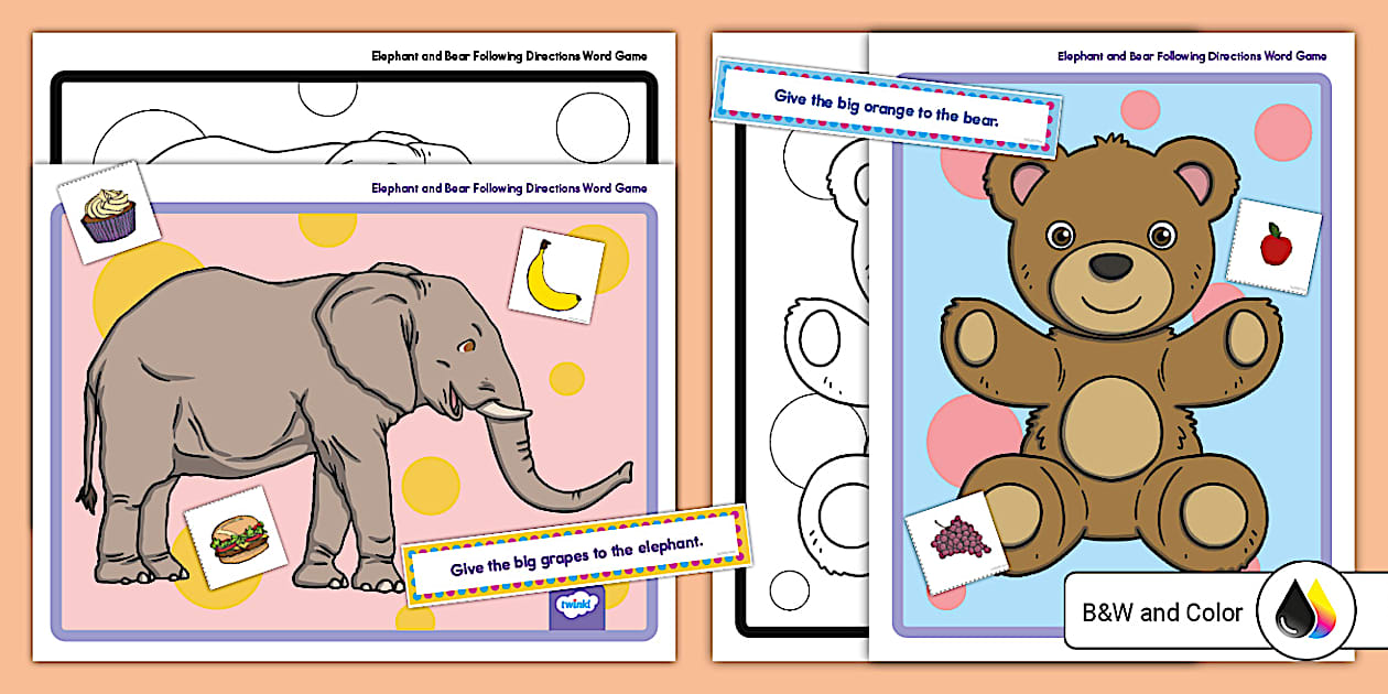 Elephant and Bear Following Directions Word Game - Twinkl