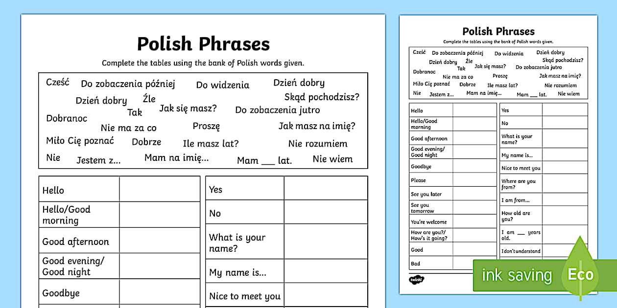 Common Phrases Table Worksheet / Worksheet Polish - Twinkl