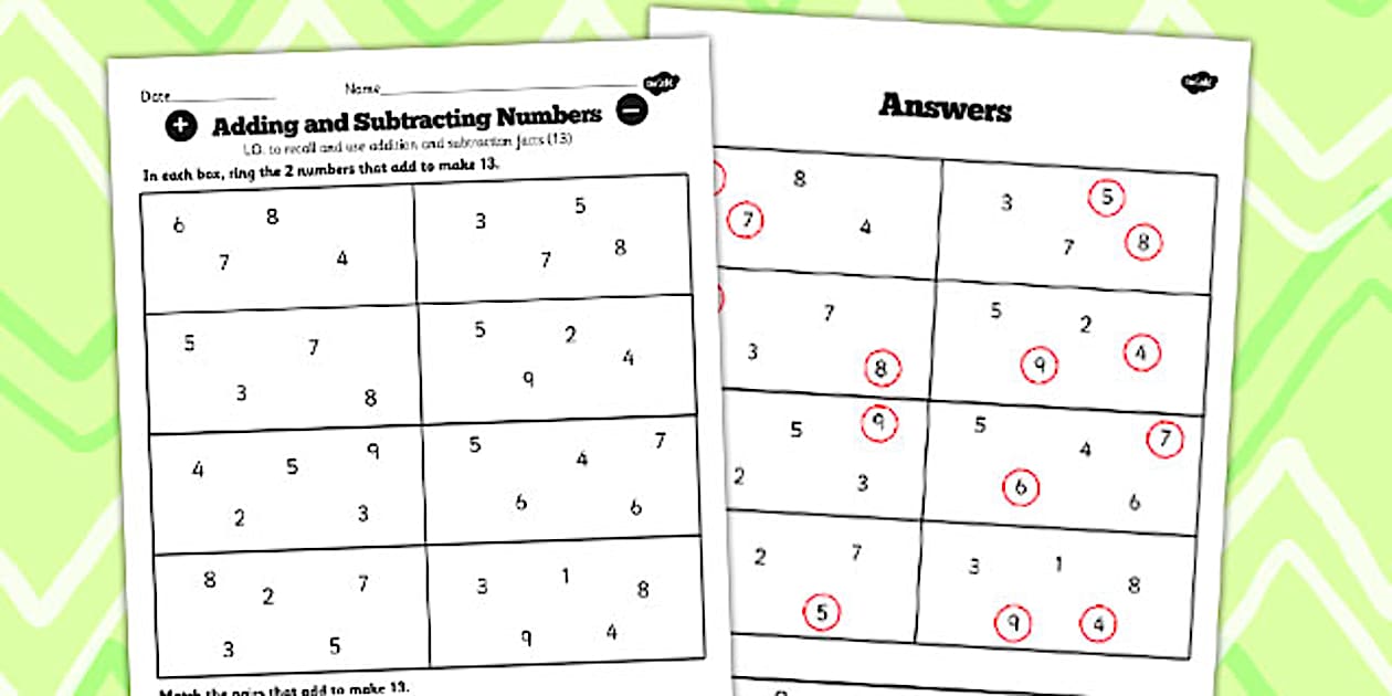 Number Facts to 20 Find Pairs to 13 Worksheet (teacher made)