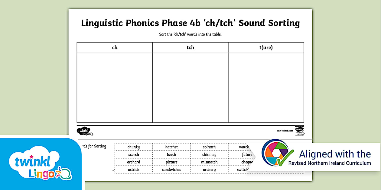 NI Linguistic Phonics Phase 4b 'ch/tch' Sound Sorting