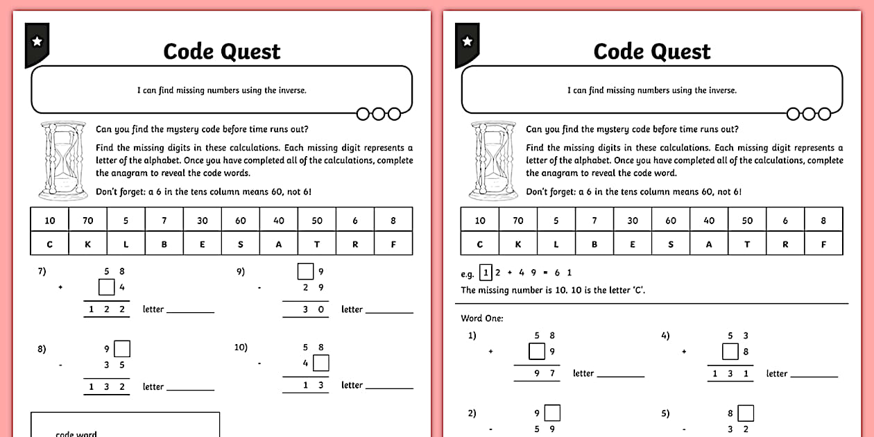 Addition and Subtraction Two-Digit Missing Numbers Worksheet / Worksheet
