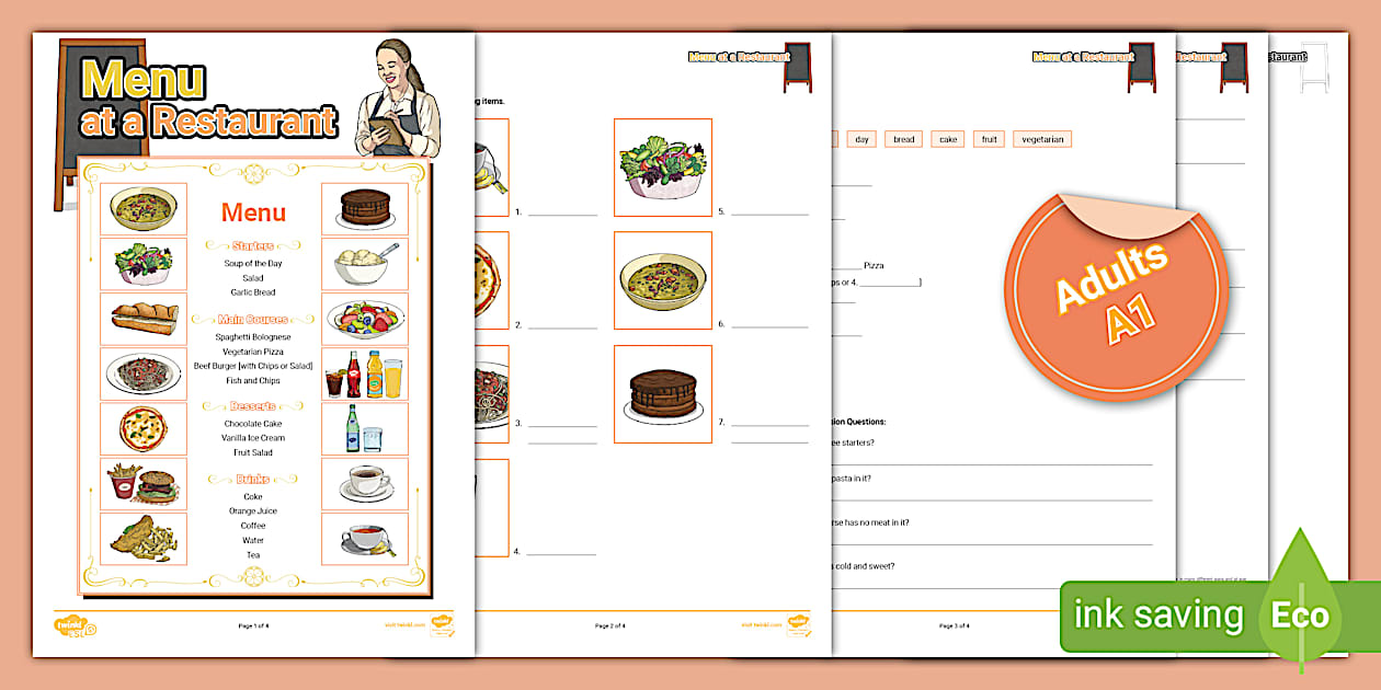 ESL Reading Comprehension: Menu Items [Adults, A1] - Twinkl