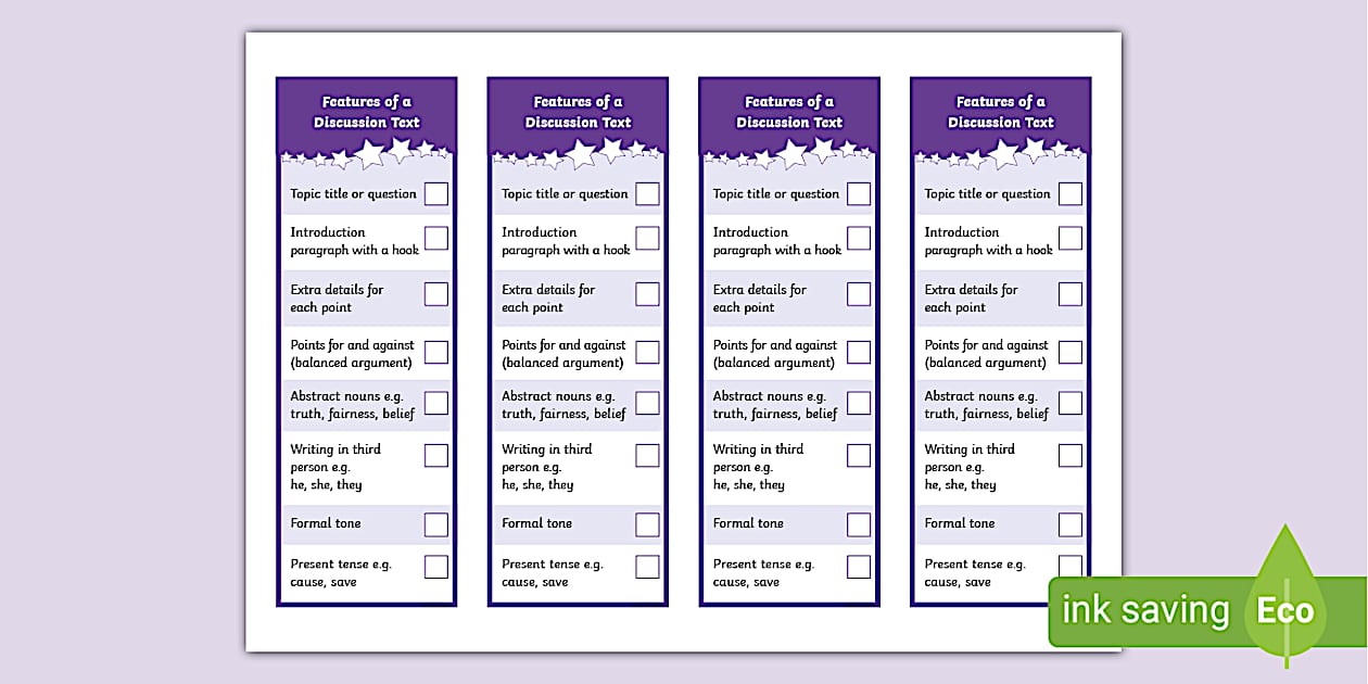 Features of a Discussion Text Checklist Bookmark - Twinkl