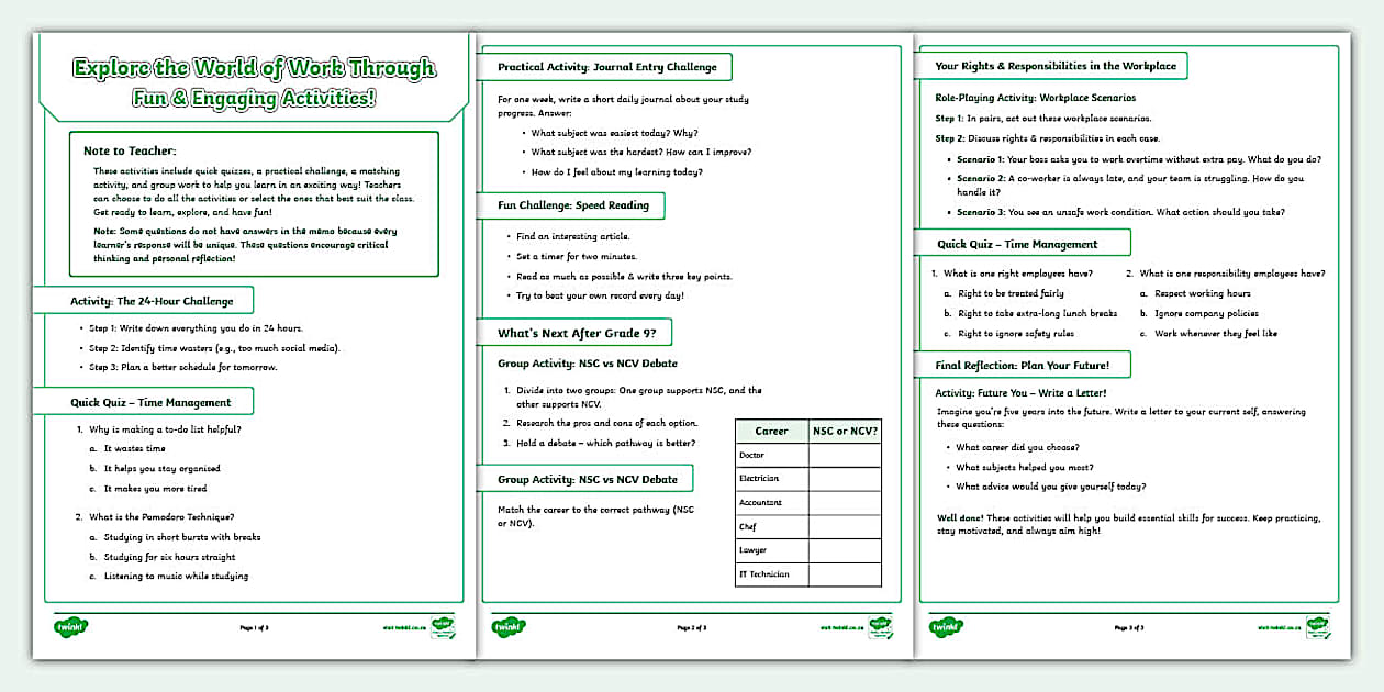 World of Work Grade 9 Life Orientation Activities