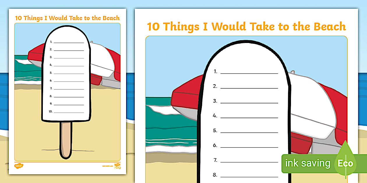 10 Things I Would Take to the Beach Writing Frame - Twinkl