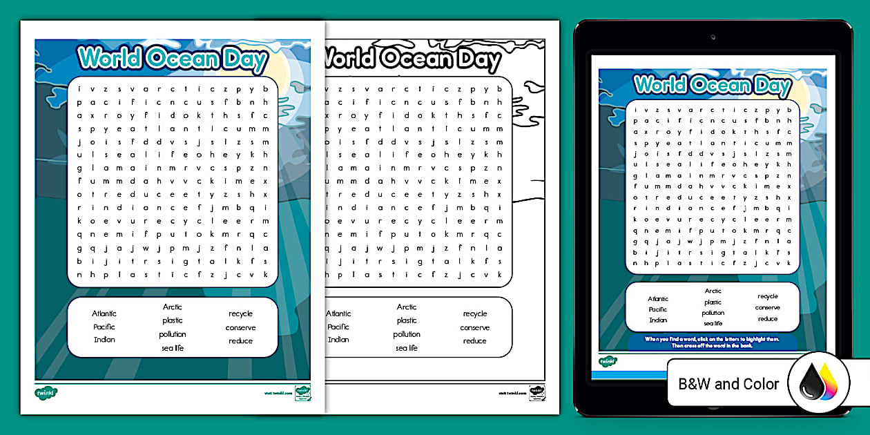 World Ocean Day Word Search for K-2nd Grade