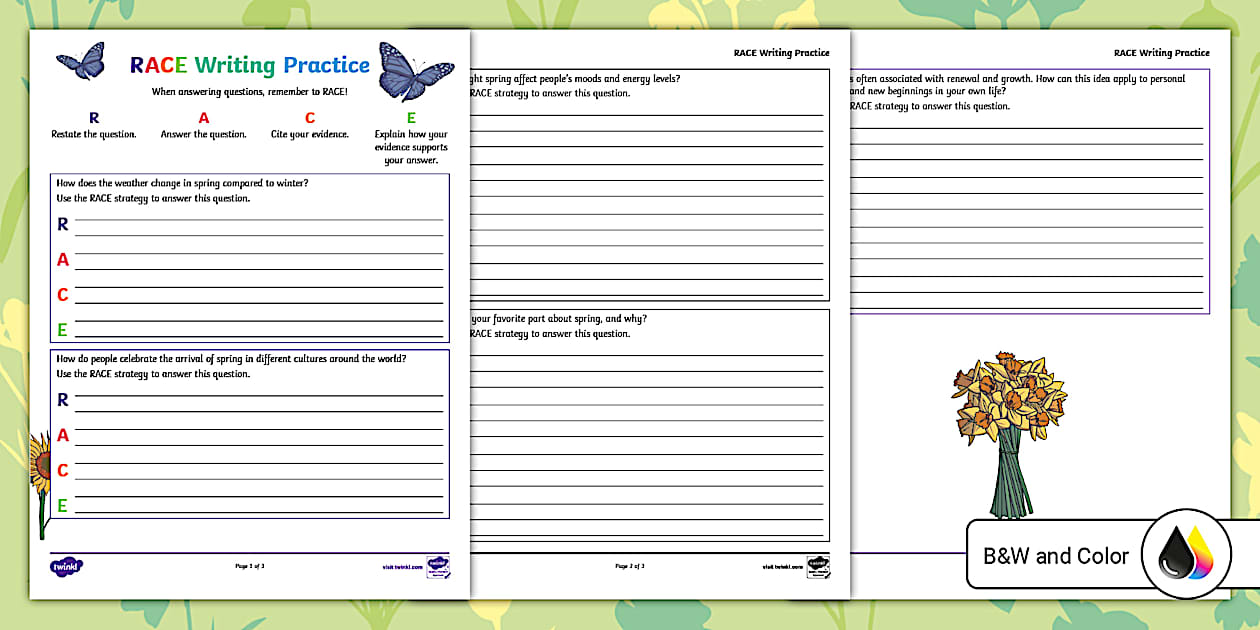 Spring RACE Writing Practice Worksheets for 6th-8th Grade