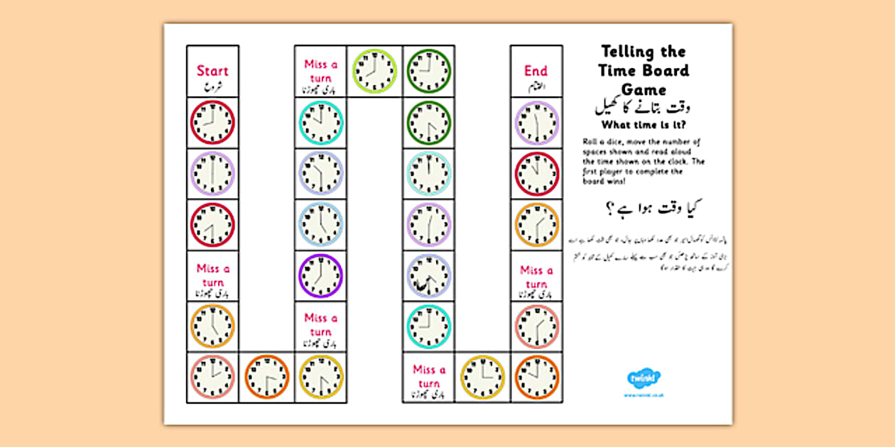 Telling The Time Board Game KS1 O'clock and Half Past Urdu Translation