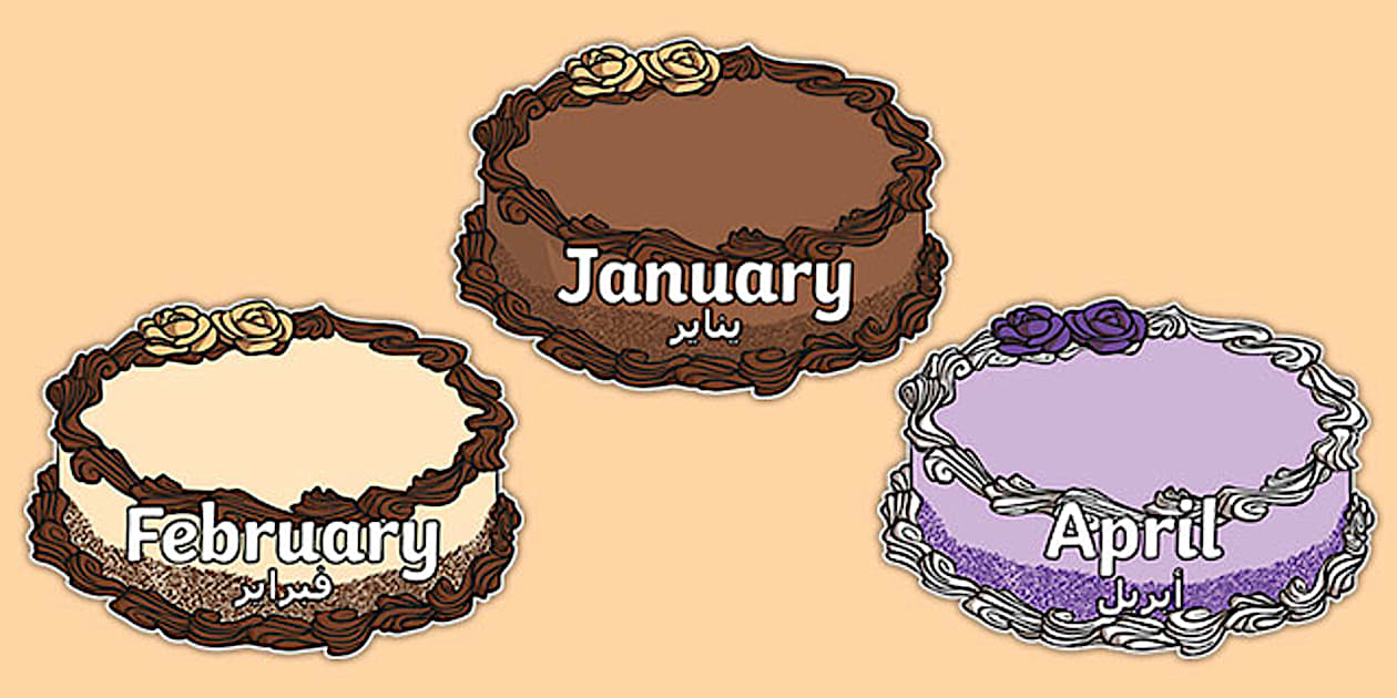 Months of the Year on Cakes Arabic Translation - Twinkl