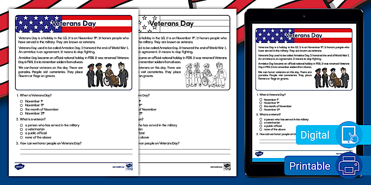 First Grade Veterans Day Reading Passage Comprehension