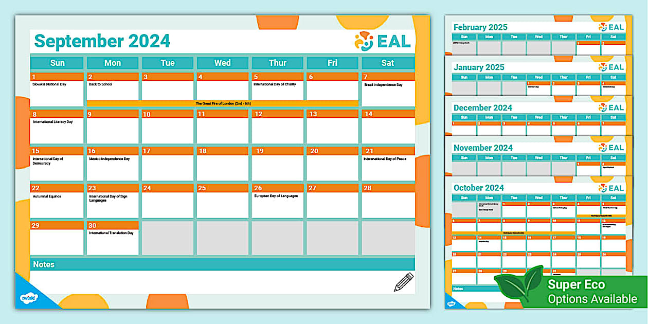 EAL Monthly Planning Calendar 2024/2025 - Twinkl