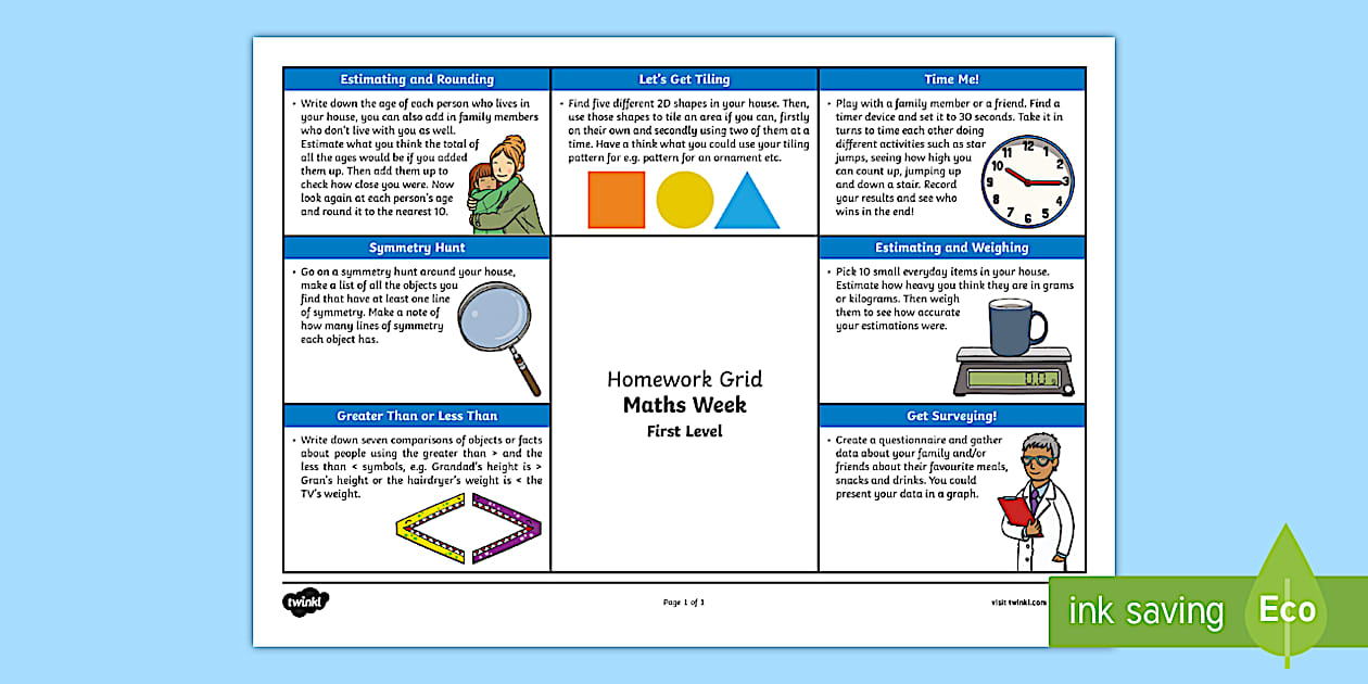 Maths Week First Level CfE Homework Grid - Twinkl