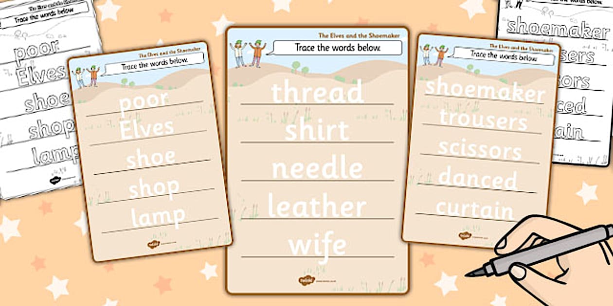 Black and White The Elves and the Shoemaker Trace the Words Worksheet