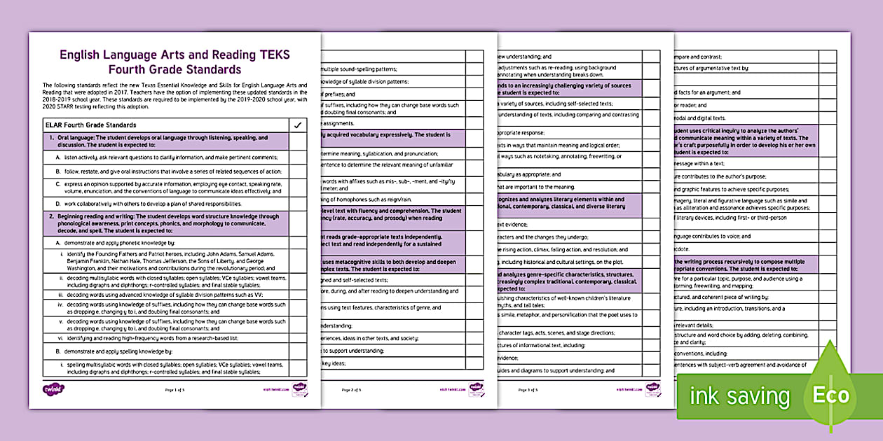 English Language Arts and Reading TEKS Fourth Grade Standards Checklist